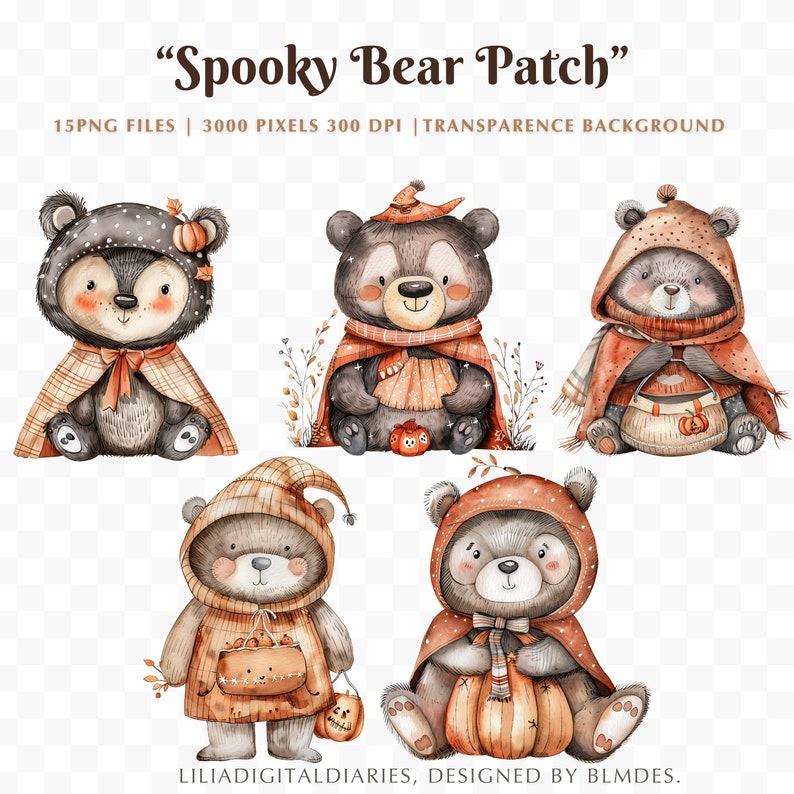 Spooky Bear Watercolor Clipart, Cute Halloween, Printable (digital ...
