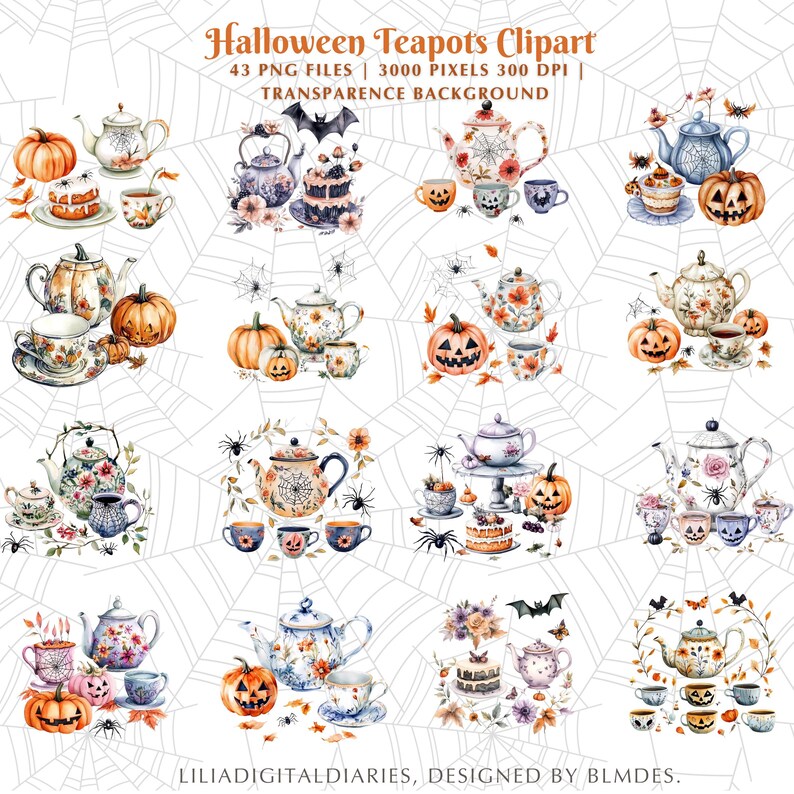 Halloween Teapots Clipart,teapots Clipart, Spooky Clipart,clipart Set ...