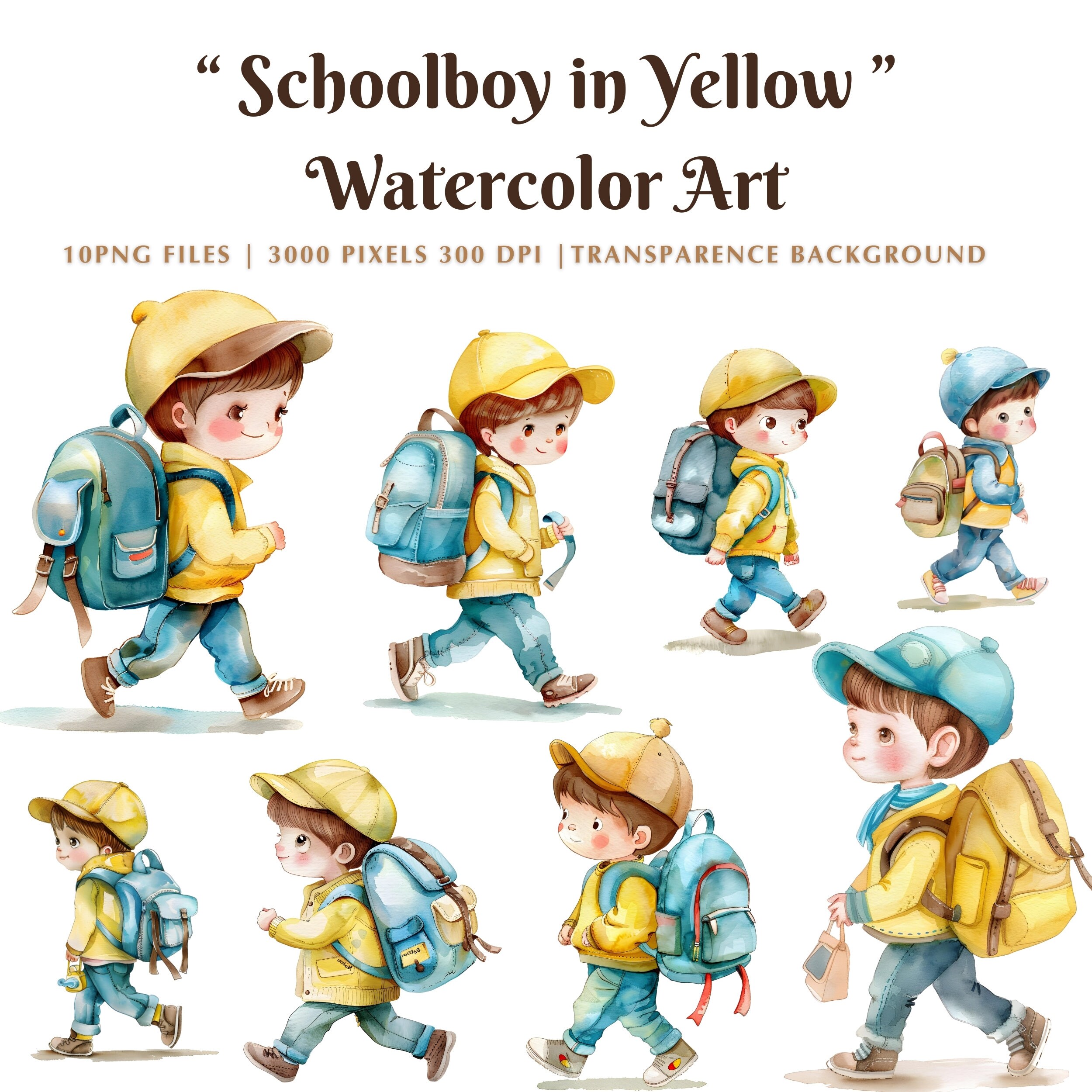 Watercolor Art Print of Little Boy in Yellow Clothes With School ...