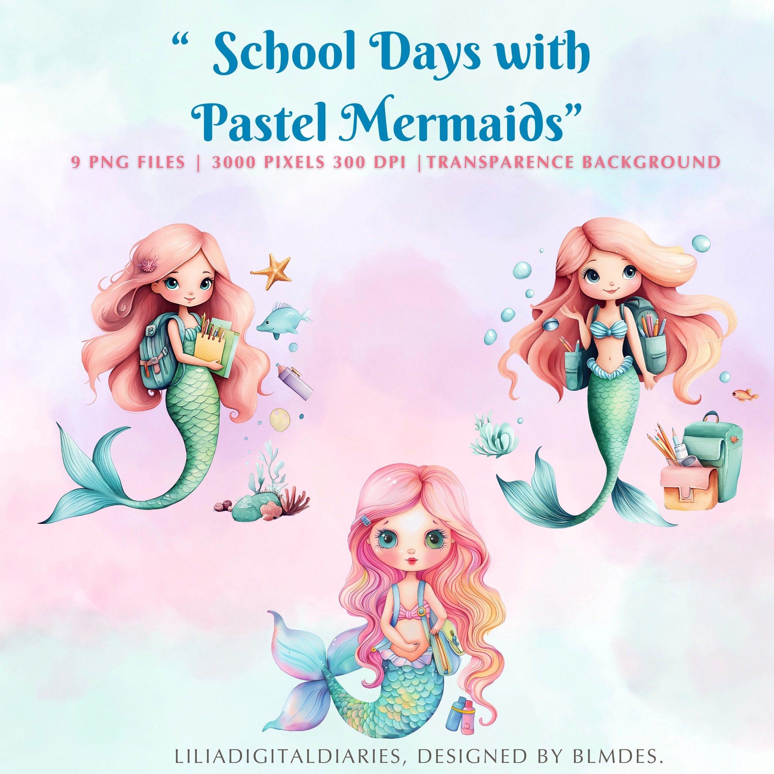 Pastel Mermaid School Days Watercolor Clipart,instant Download,cute ...