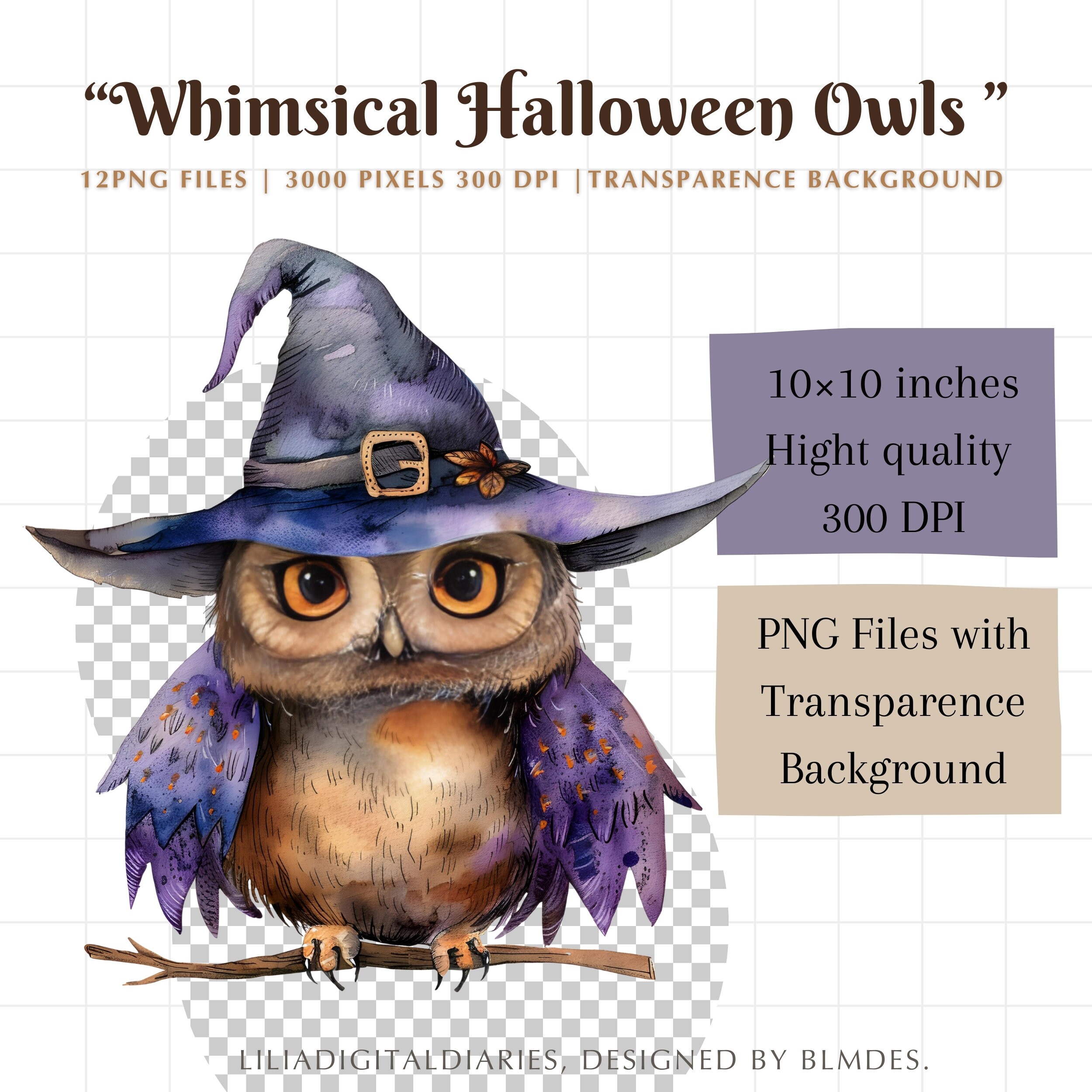 Whimsical Halloween Owls Watercolor Clipart, Cute Digital Owl ...