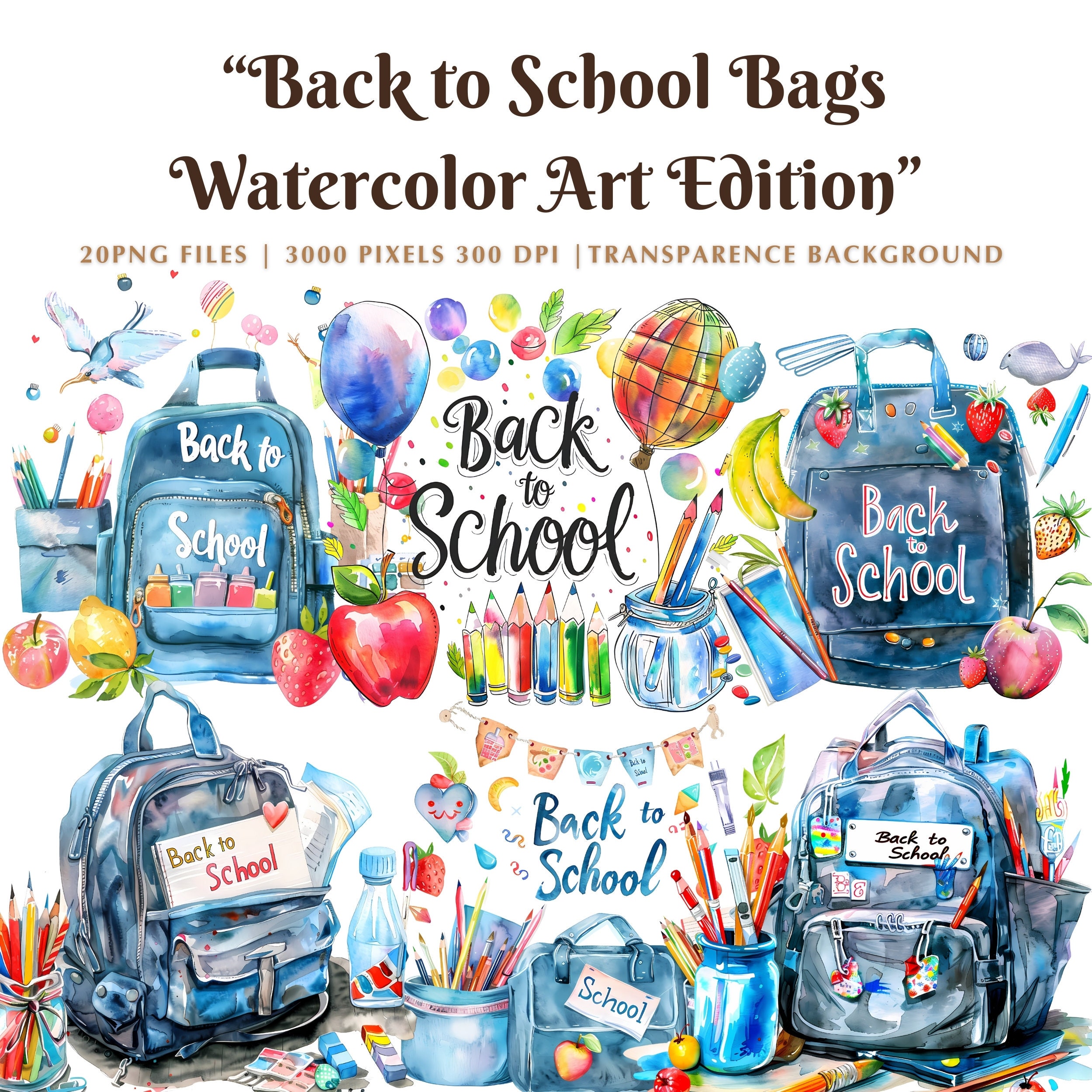 20 PNG Back to School Bags Watercolor Art Edition – Unique and Vibrant ...