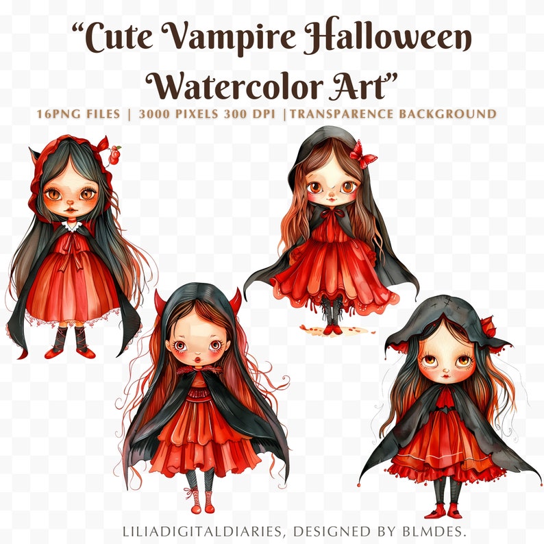 Cute Vampire Watercolor Clipart, Instant Download for Halloween Crafts ...