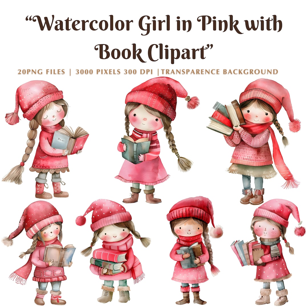 20 Watercolor Girl Clipart With Books, Pink Watercolor Girls With Books ...