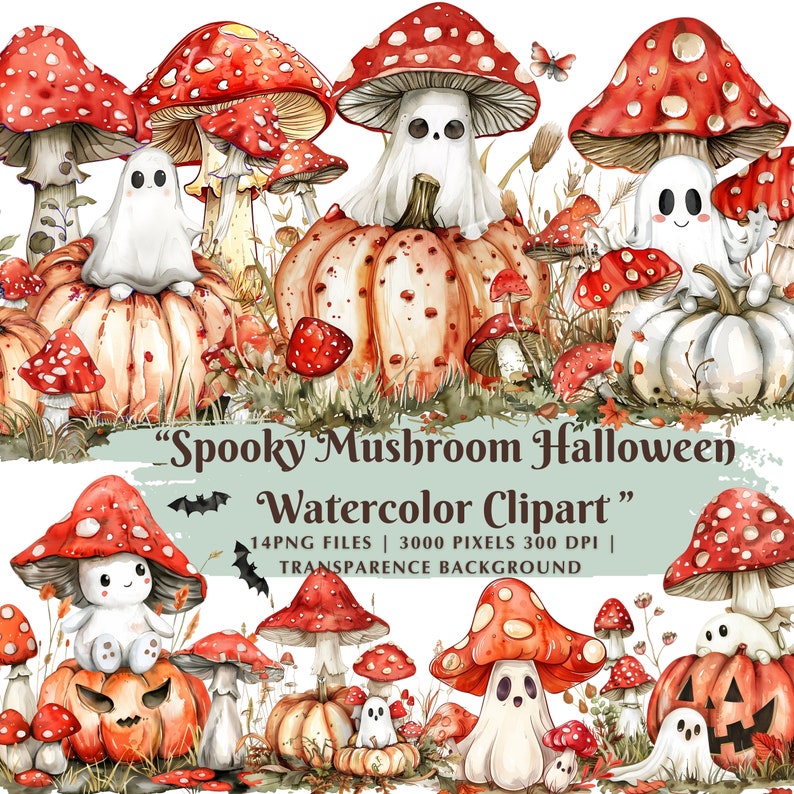 Spooky Mushroom Halloween Watercolor Clipart | Instant Download ...