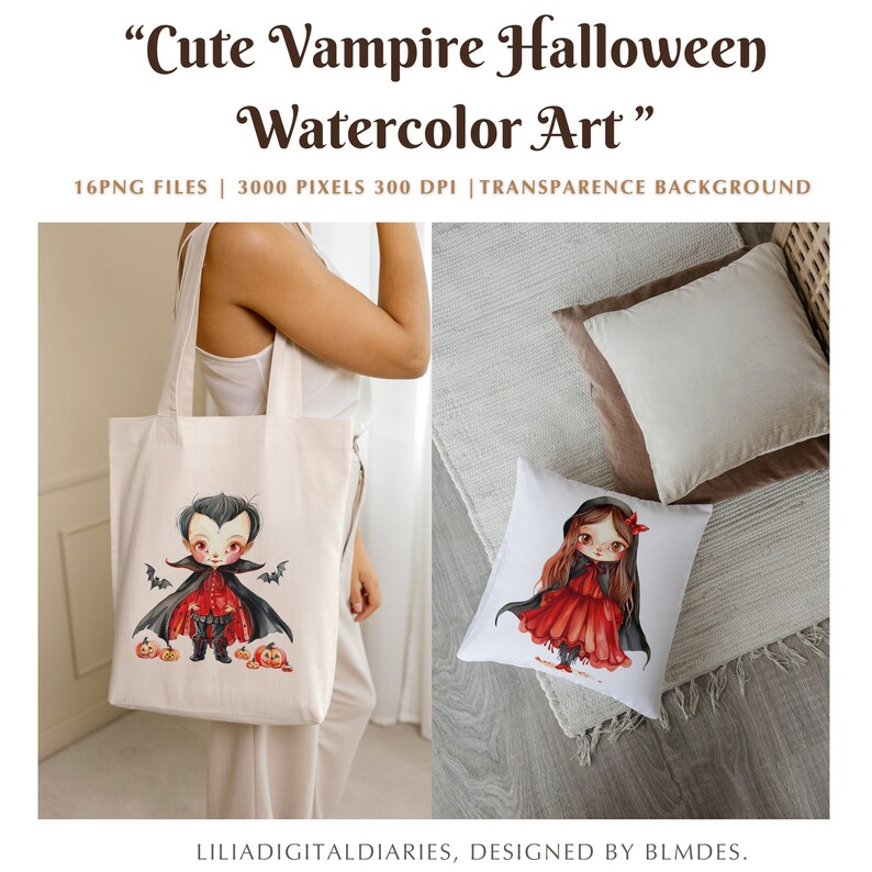 Cute Vampire Watercolor Clipart, Instant Download for Halloween Crafts ...
