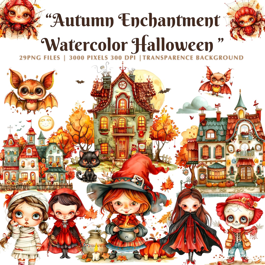 Autumn Halloween Watercolor Clipart Collection, Spooky Fall Elements ...