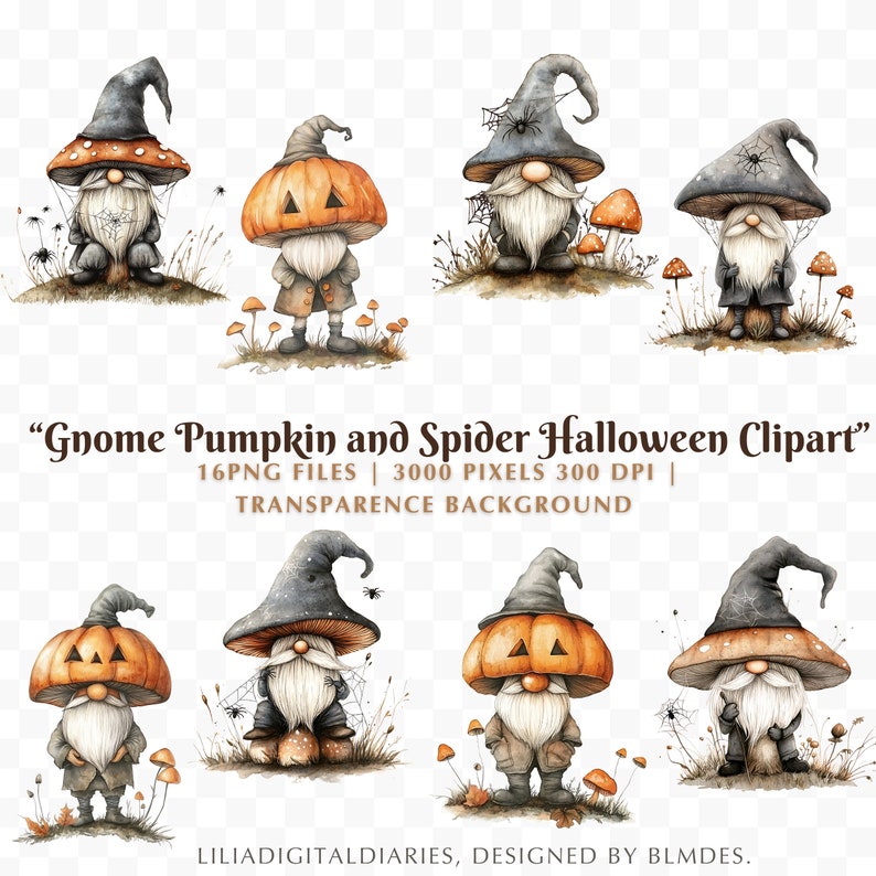 Whimsical Gnome Pumpkin and Spider Halloween Clipart Set,watercolor ...