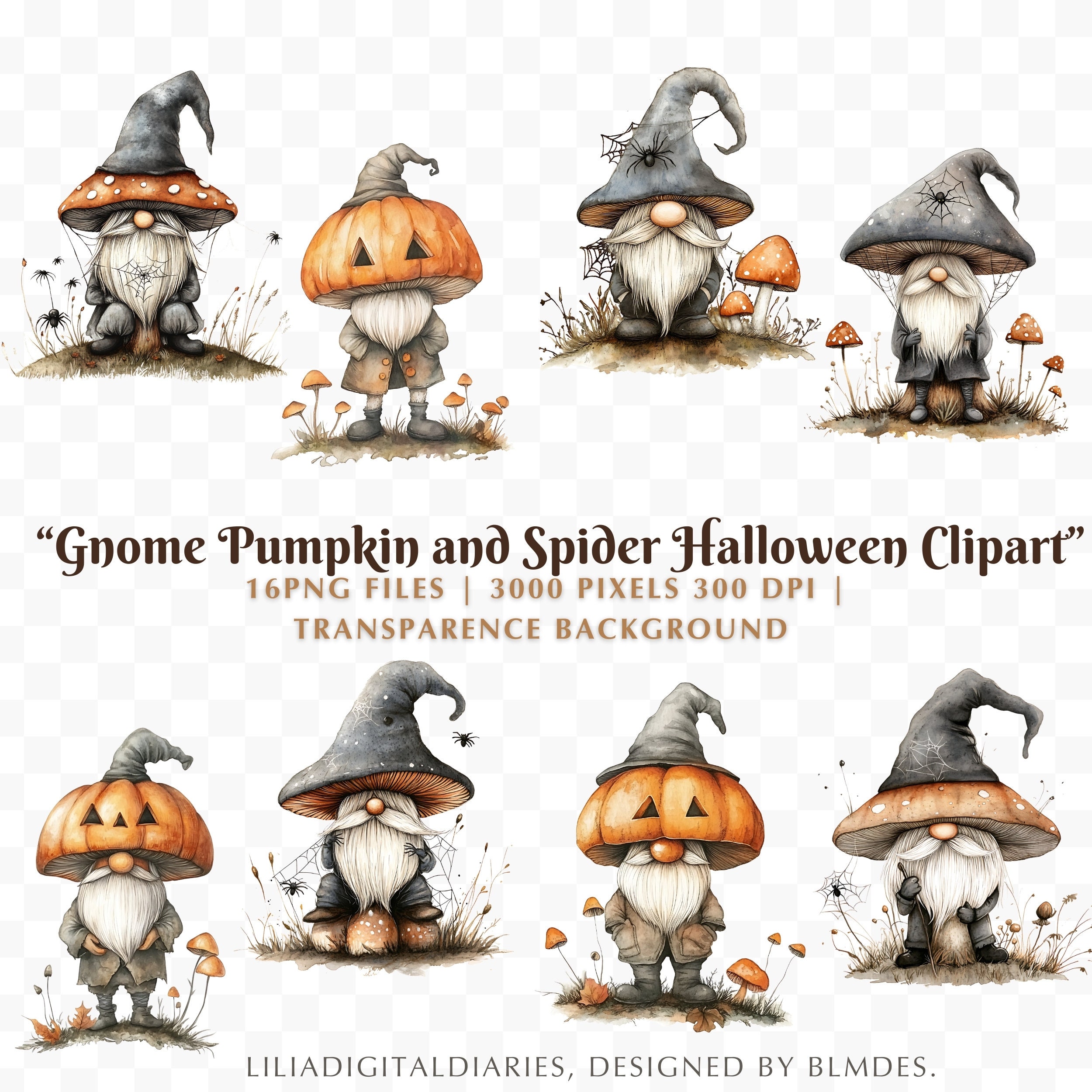 Whimsical Gnome Pumpkin and Spider Halloween Clipart Set,watercolor ...