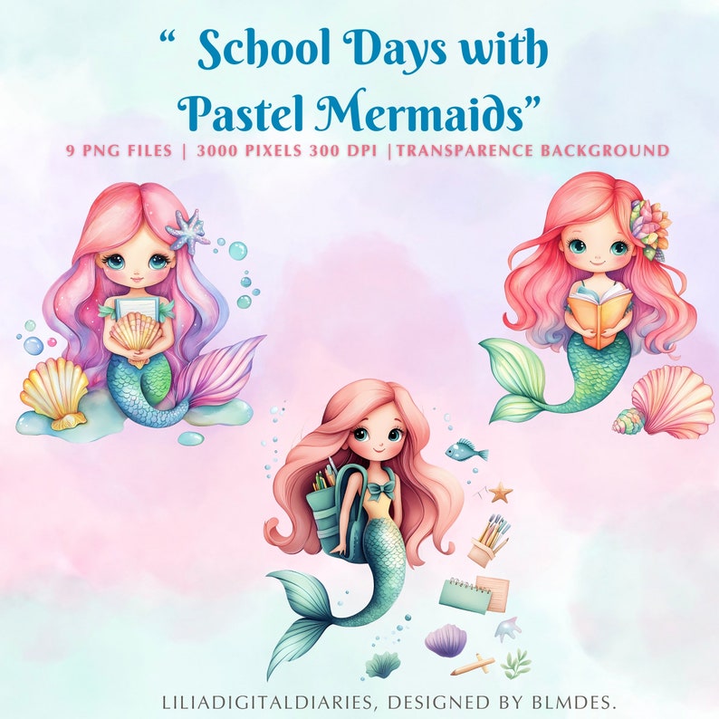 Pastel Mermaid School Days Watercolor Clipart,instant Download,cute ...