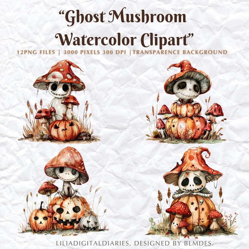Ghost Mushroom Watercolor Clipart, Instant Download,spooky Mushroom Art ...