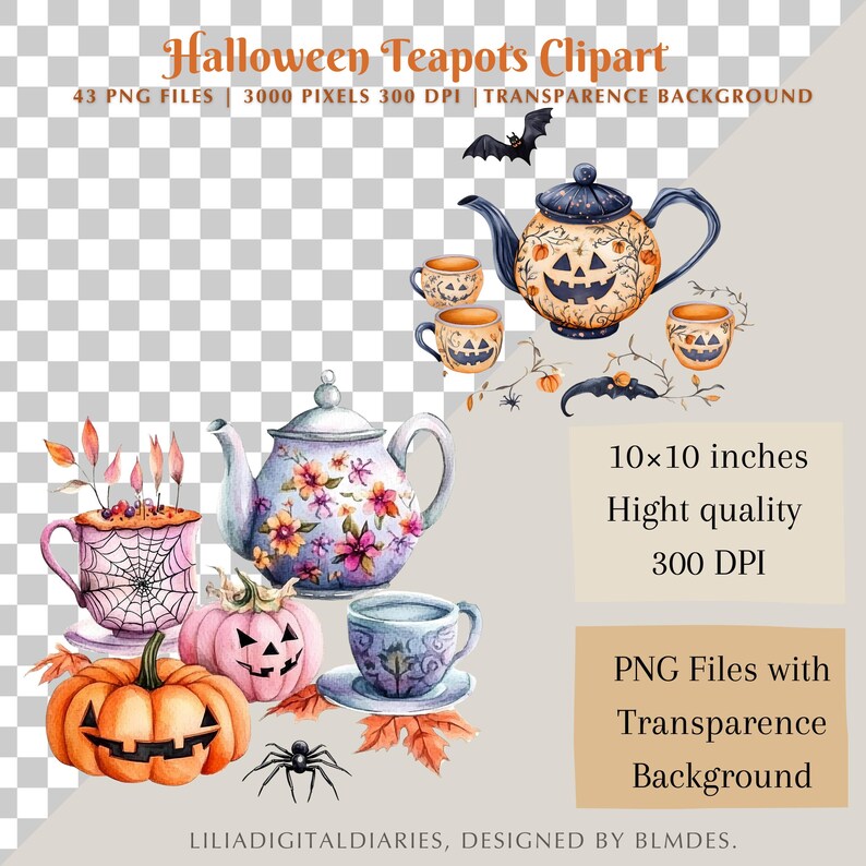 Halloween Teapots Clipart,teapots Clipart, Spooky Clipart,clipart Set ...