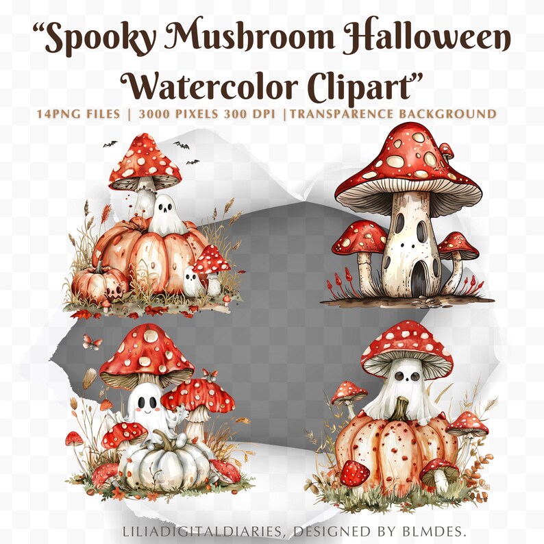 Spooky Mushroom Halloween Watercolor Clipart | Instant Download ...