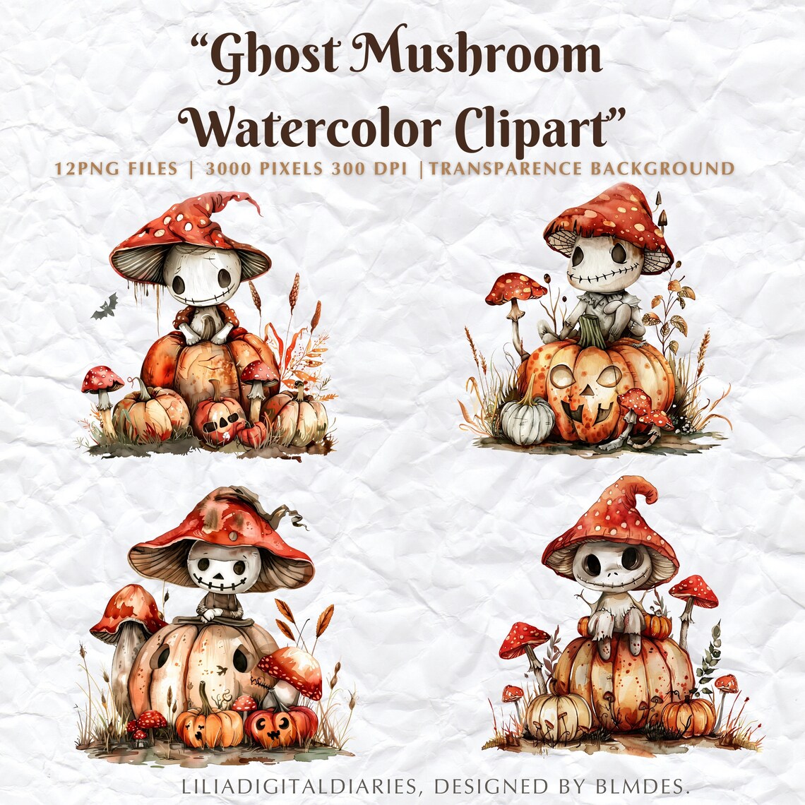 Ghost Mushroom Watercolor Clipart, Instant Download,spooky Mushroom Art ...
