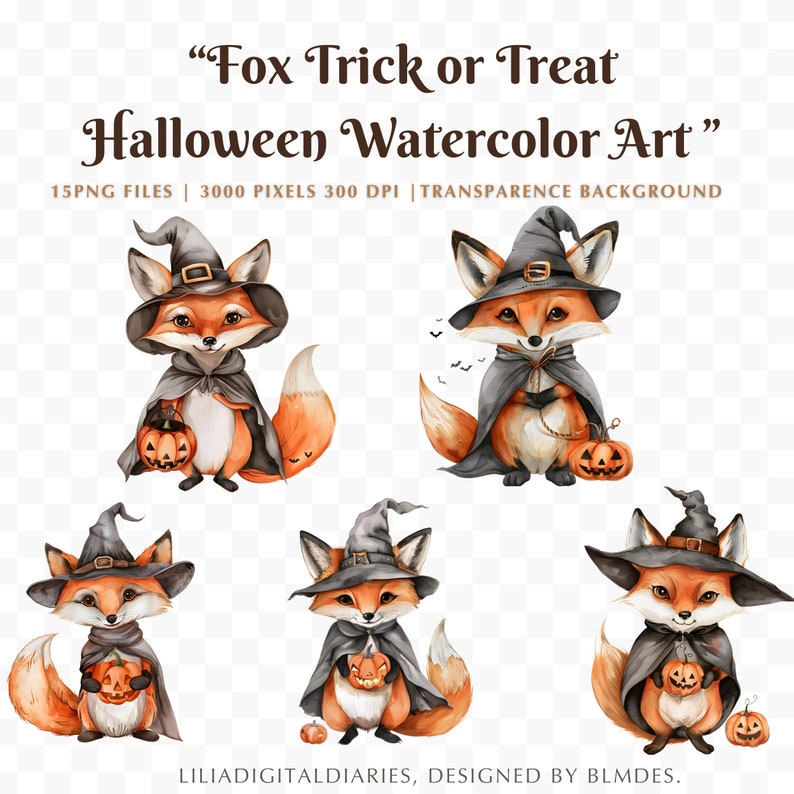 Fox Halloween Watercolor Clipart Instant Download | Cute Foxes ...