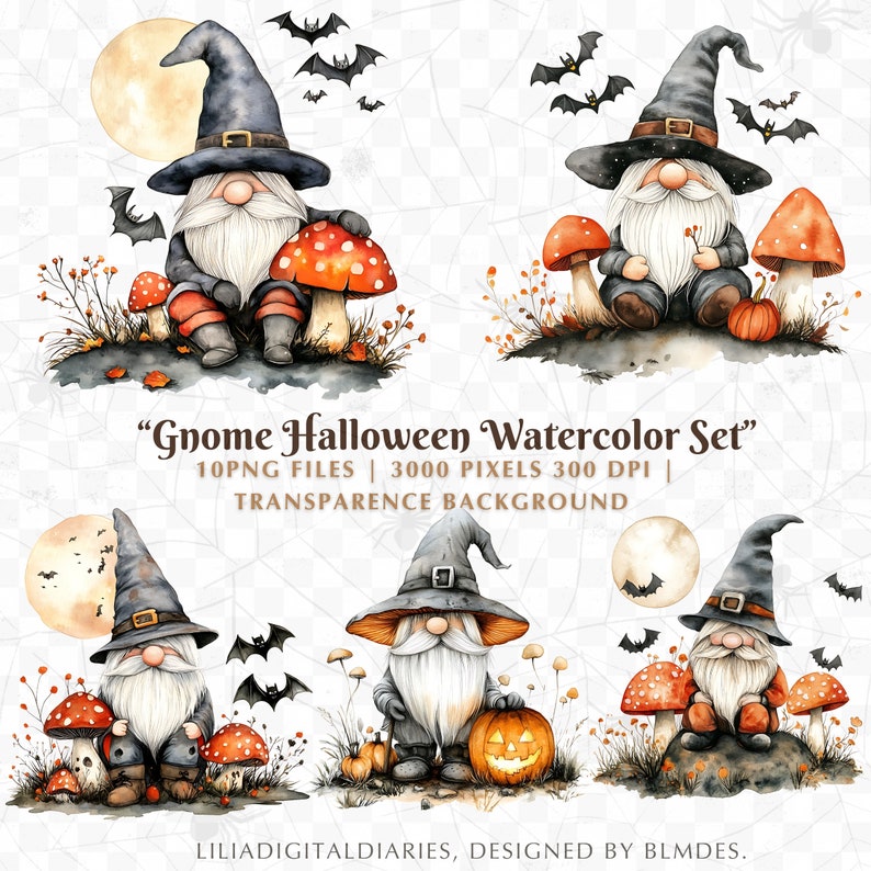 Watercolor Gnome Halloween Clipart Set, Instant Download Cute Gnomes ...