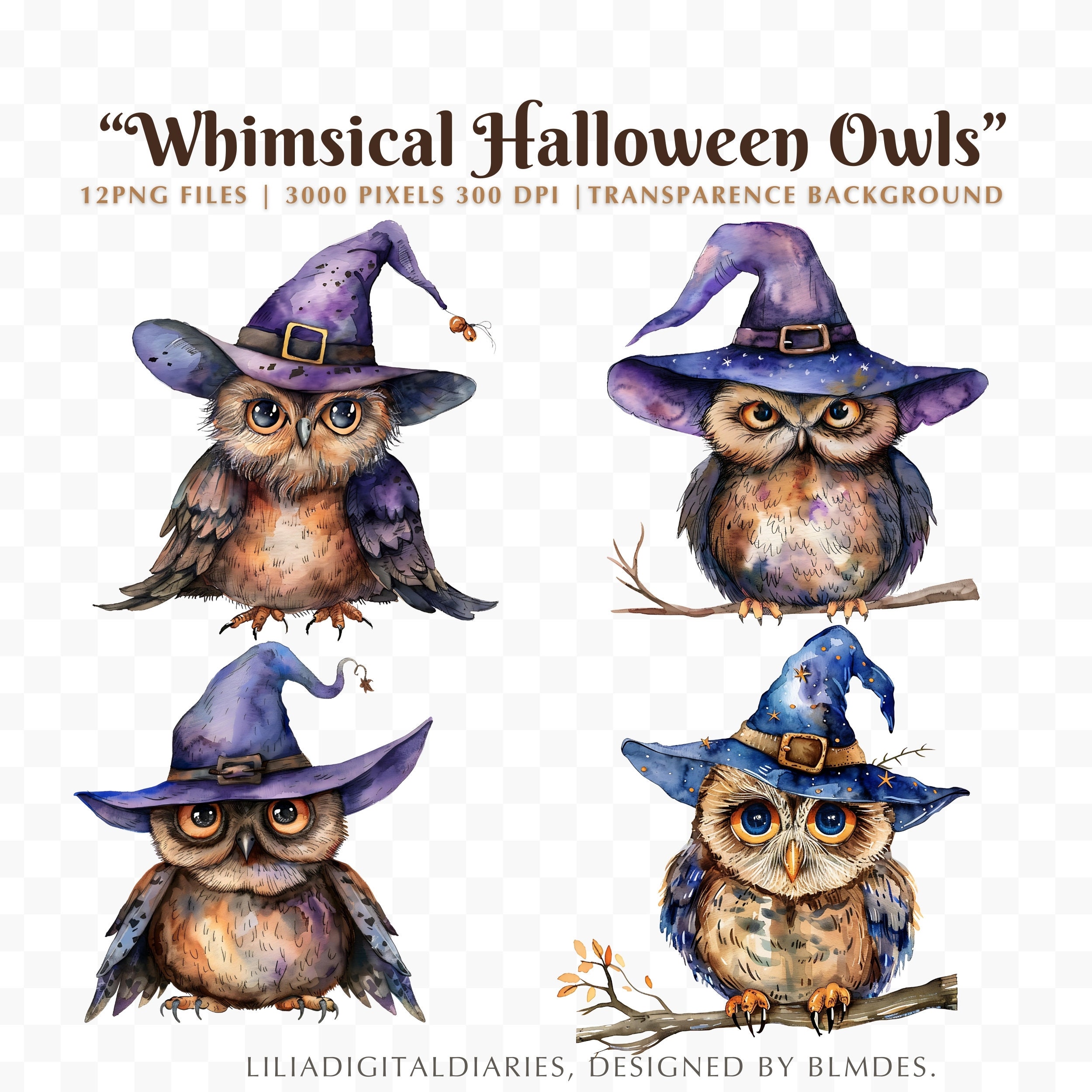 Whimsical Halloween Owls Watercolor Clipart, Cute Digital Owl ...
