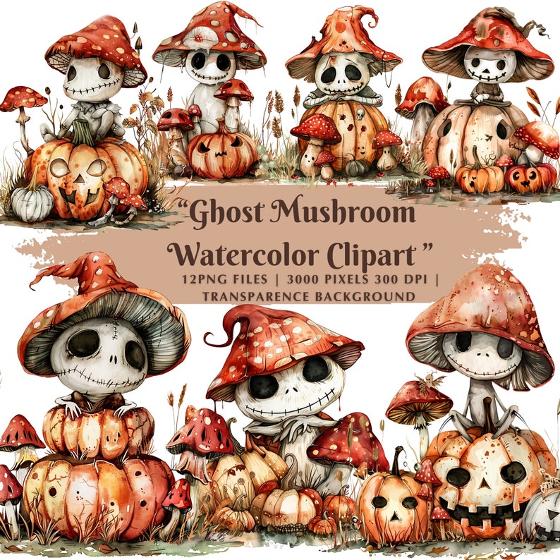 Ghost Mushroom Watercolor Clipart, Instant Download,spooky Mushroom Art ...