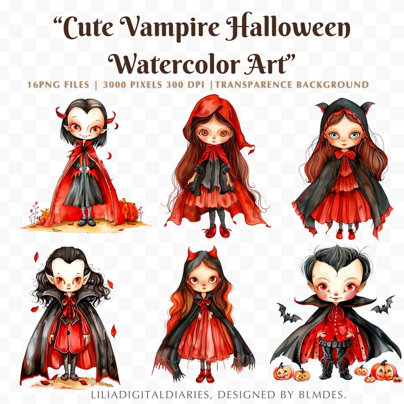 Cute Vampire Watercolor Clipart, Instant Download for Halloween Crafts ...