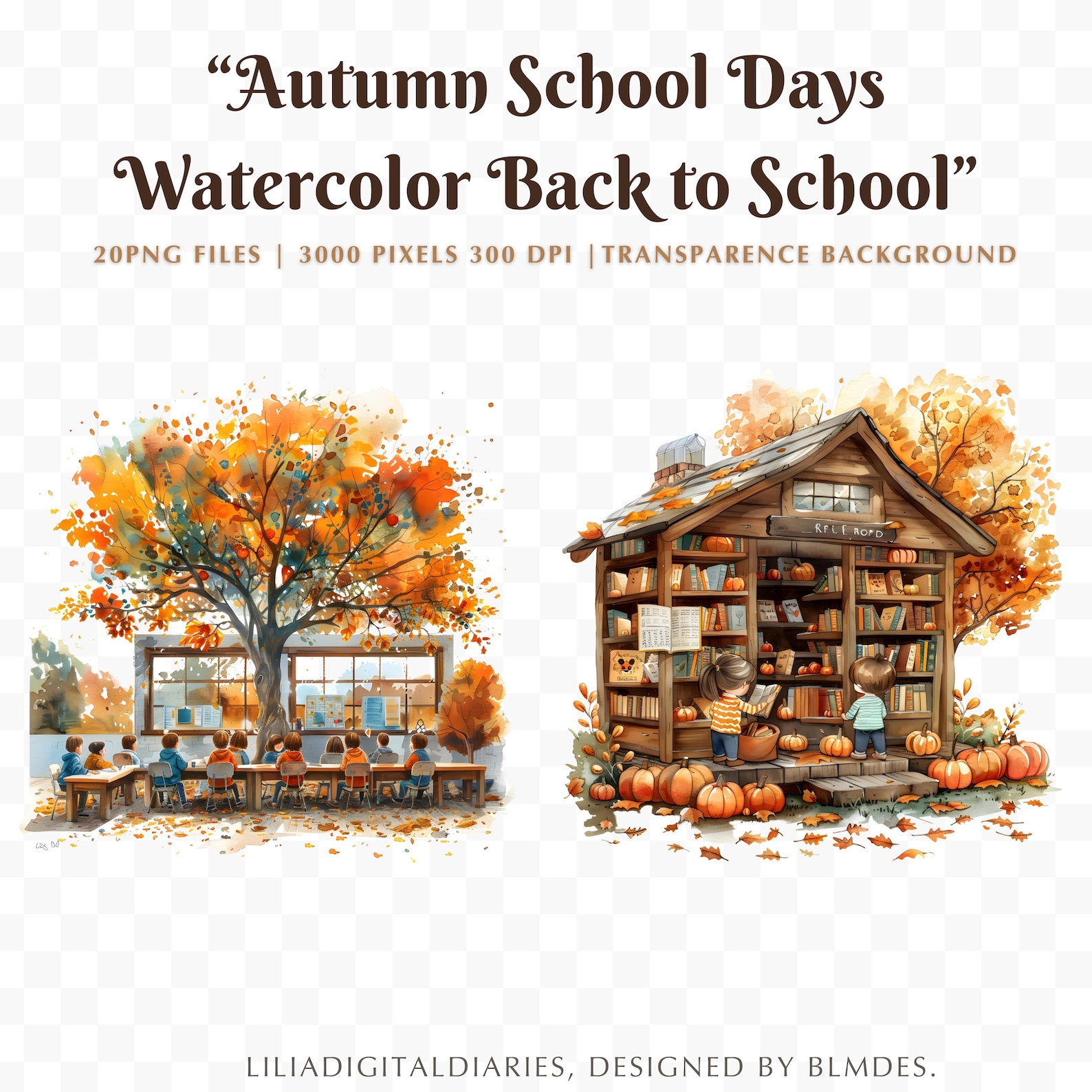 Autumn School Days Watercolor Clipart Set: Back to School PNG (digital ...