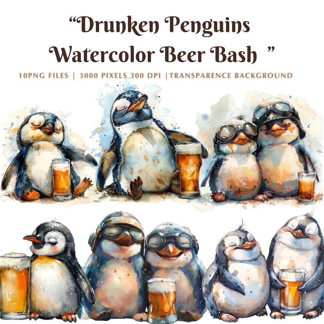 10 PNG Drunken Penguins Clipart | Beer Bash Party Watercolor Style ...
