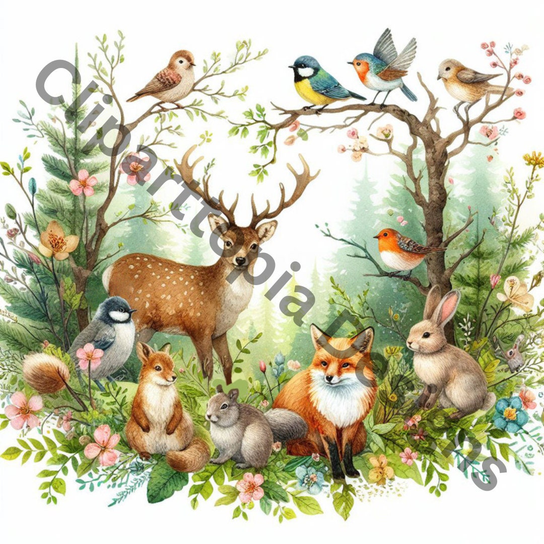 22 PNG Clipart Images Spring Woodland Watercolor Animals Collection 2 ...