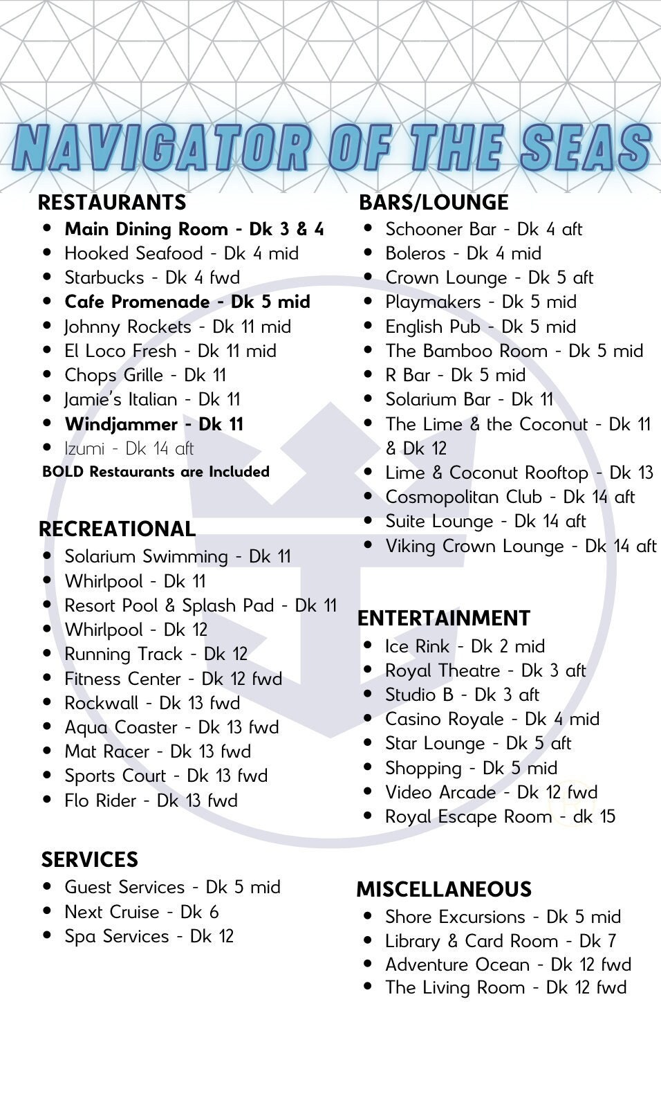 Navigator of the Seas Deck Guide Card Deck Locator RCCL Personalized ...