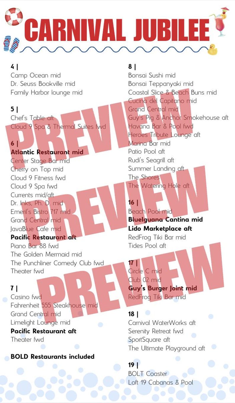 Carnival Jubilee Deck Card Printable | Cruise Ship Deck Plan | Instant ...