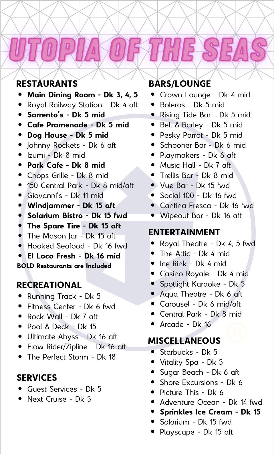 Utopia of the Seas Deck Guide Card | Deck Locator - RCCL Personalized ...