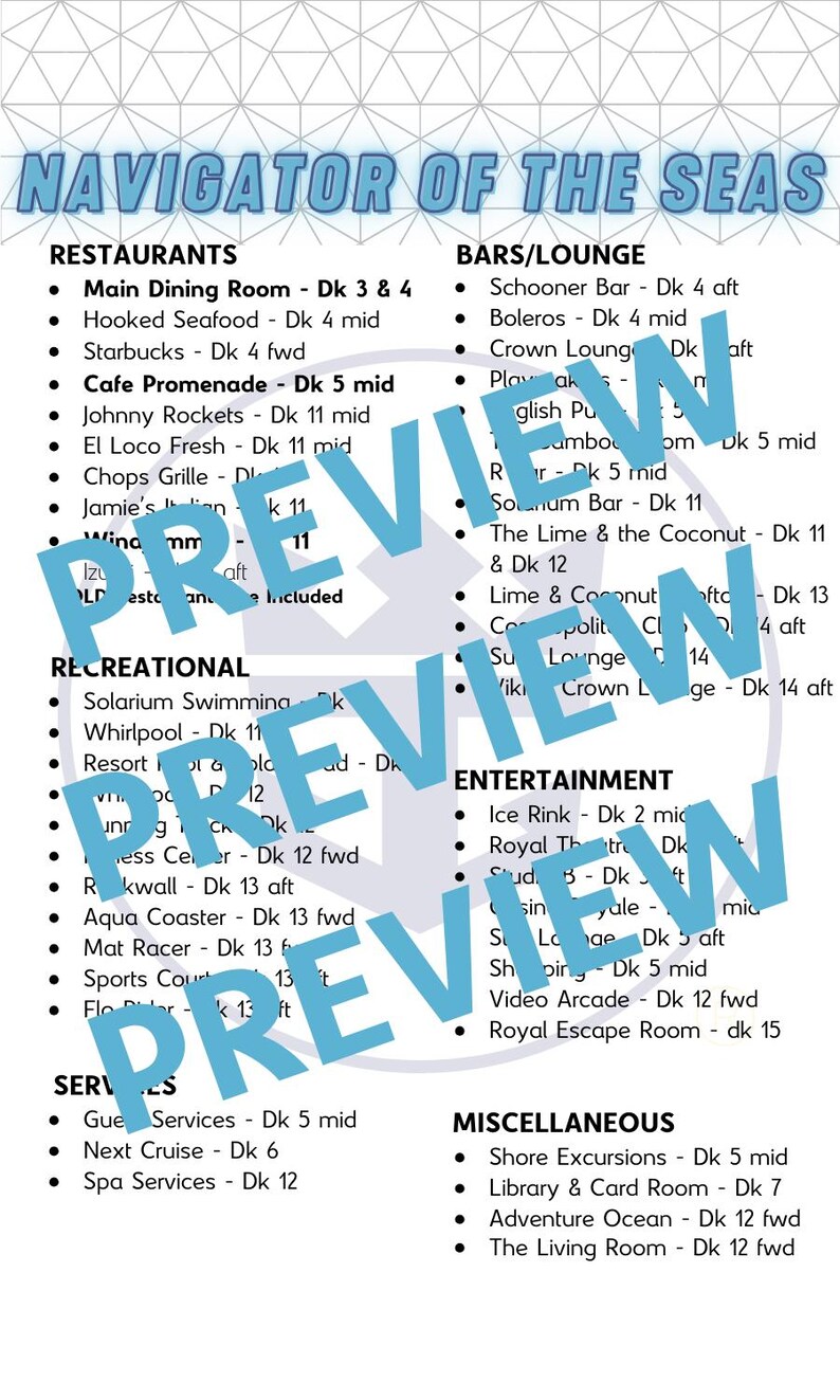 Navigator of the Seas Deck Guide Card | Deck Locator - RCCL Personalized Deck Finder Cruise ...