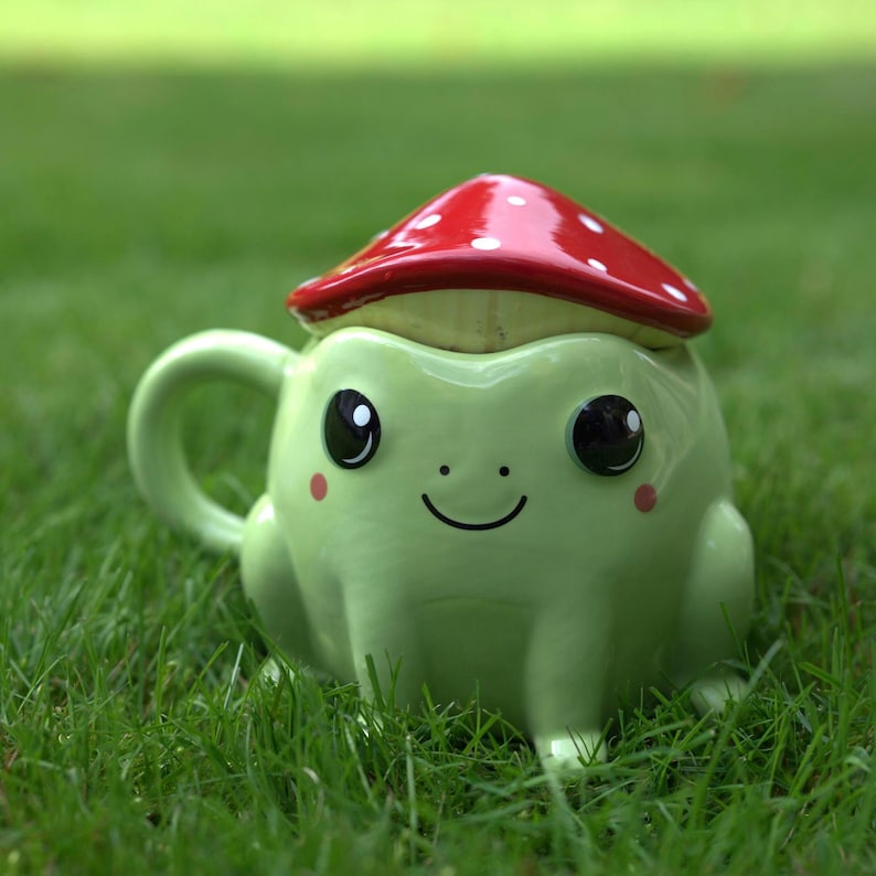 Hand Painted Frog Mug With Mushroom Lid, Green Mug Coffee Mug, Animal ...