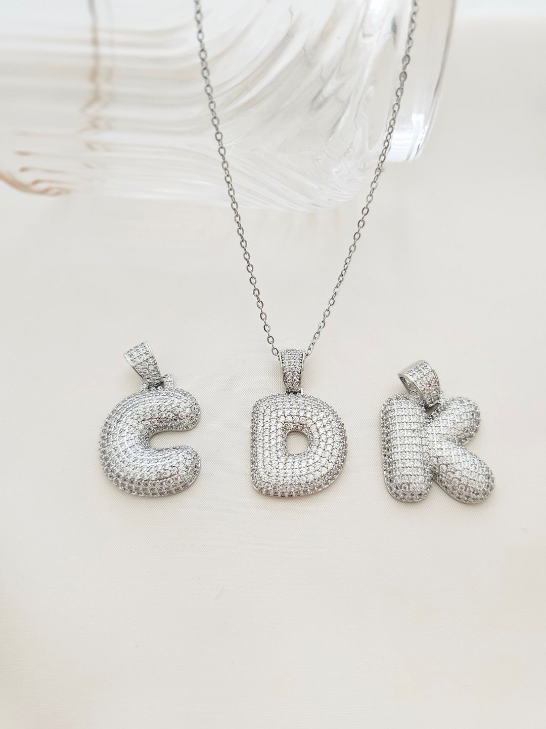 Balloon Letter Necklace, Bubble Pave Initial Pendant, 3D Silver Letter ...