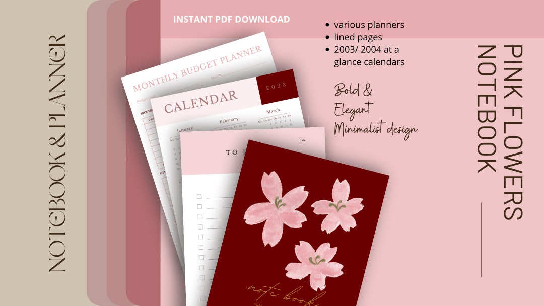 Pink Flowers Notebook Printable | Note Pages | Lined Paper PDF | Dotted ...