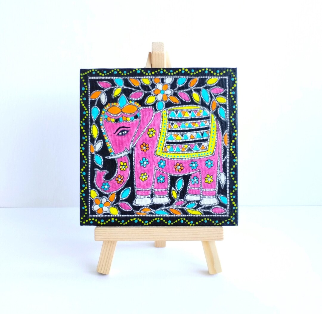Pink Elephant Painting, Indian Folk Art, Small Space Decor, Mini Canvas ...