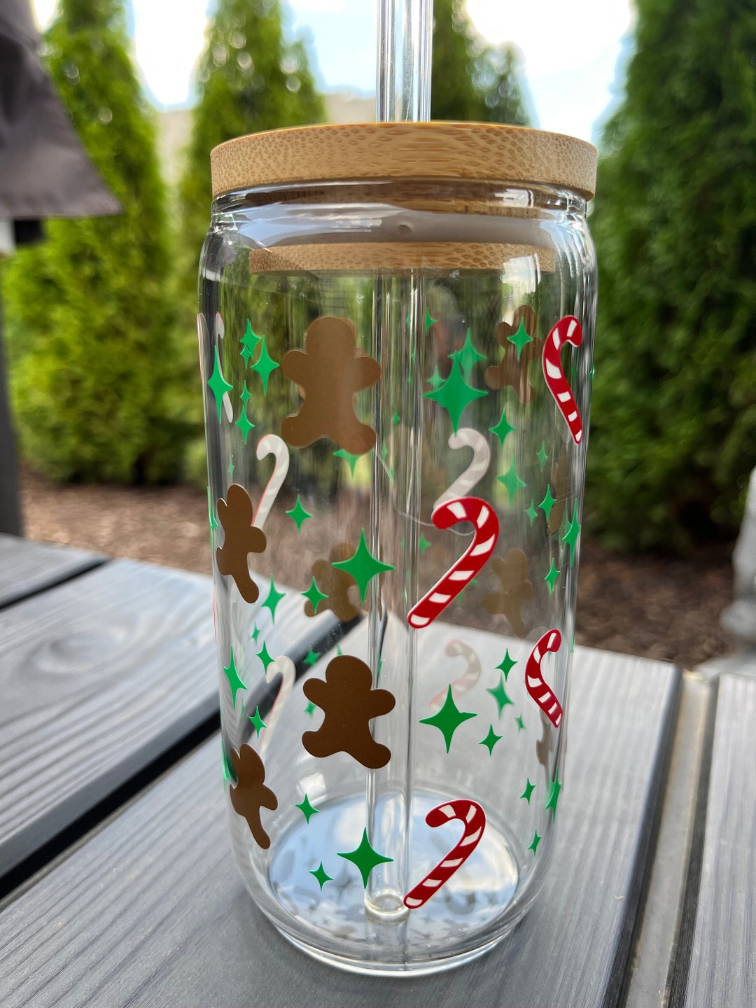 Gingerbread Man and Candy Cane 16oz. Glass Tumbler With Lid and Glass ...