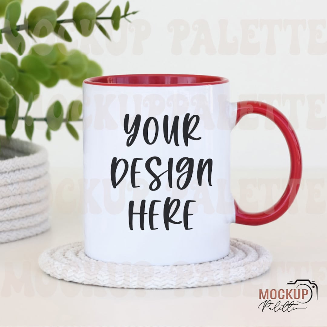 Red Handle Mug Mockup, White Coffee Mug Mock Up, Pod Ceramic Cup Mock ...