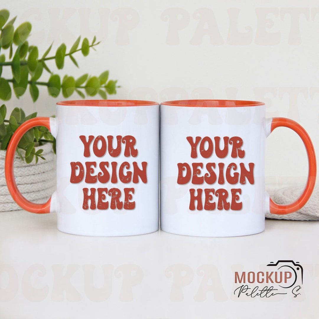 Front Back Mug Mockup, Rustic Orange Handle Mug Mockups, White Mug ...