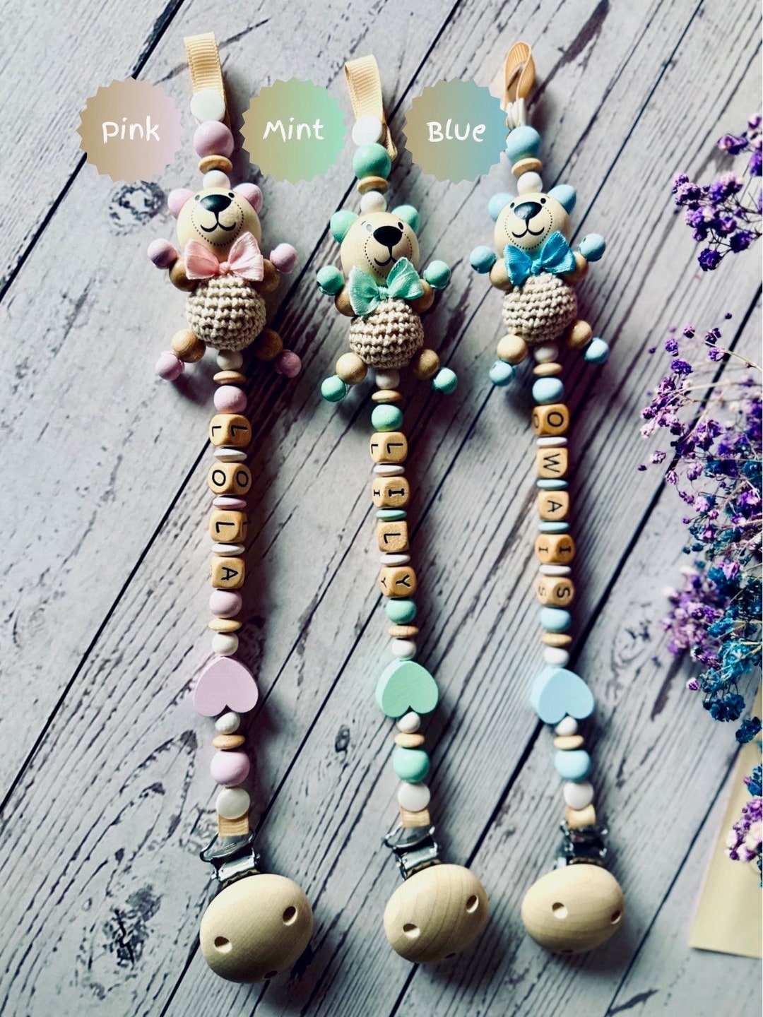 Wooden Gifts for Baptisms Teddy Bear Pacifier Clip - Etsy