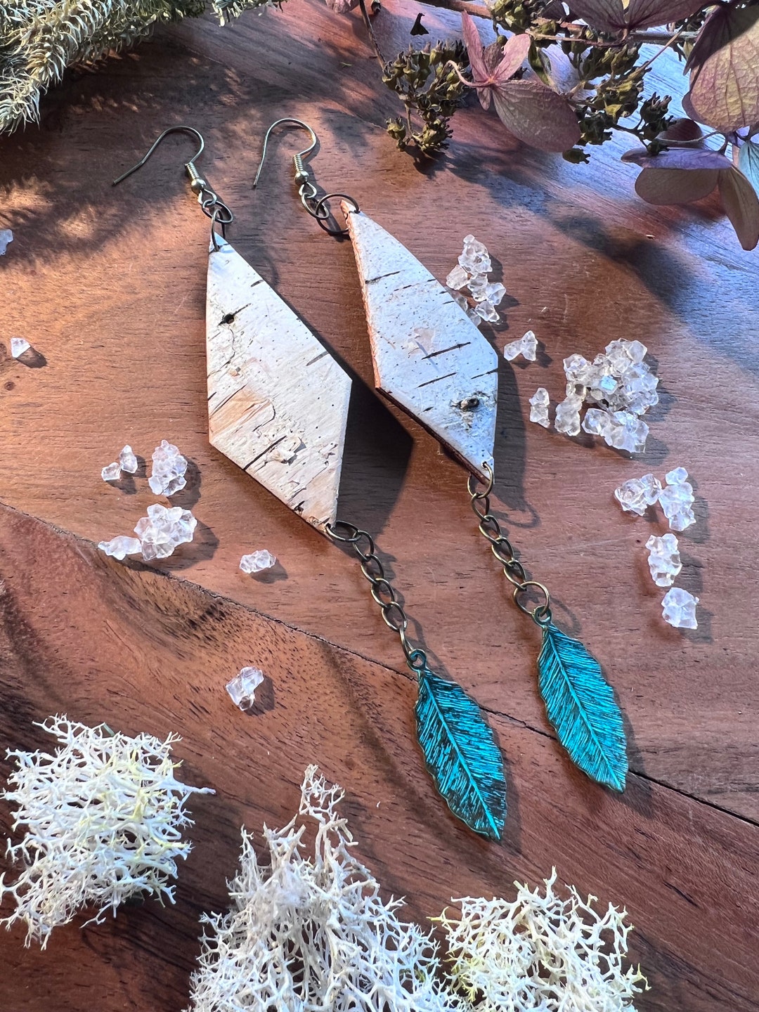Birch Bark and Feather Bear Dangle Earrings Wood Jewelry - Etsy