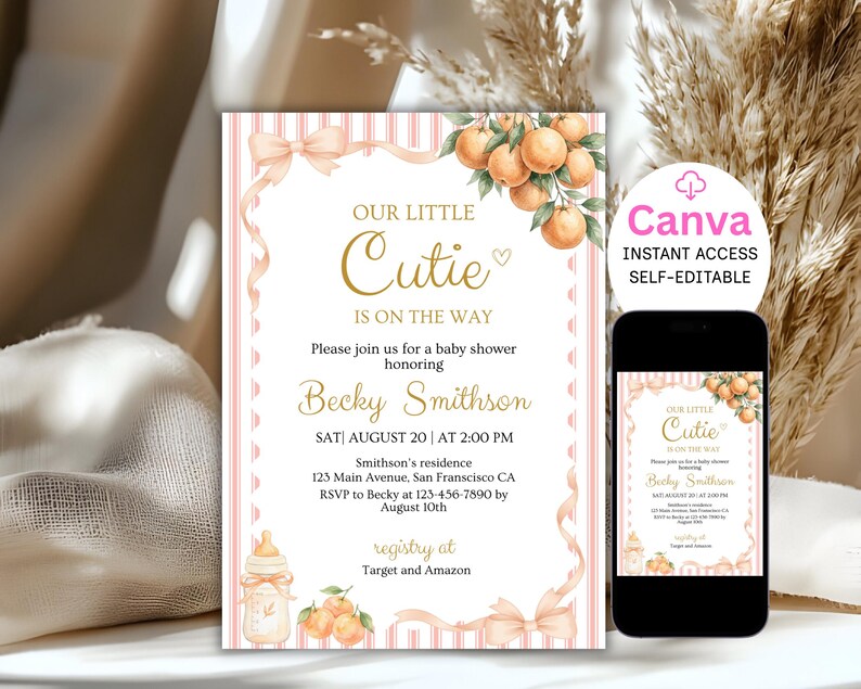 Cutie Baby Shower Invitation Set | Fall Baby Shower Bundle | Orange ...