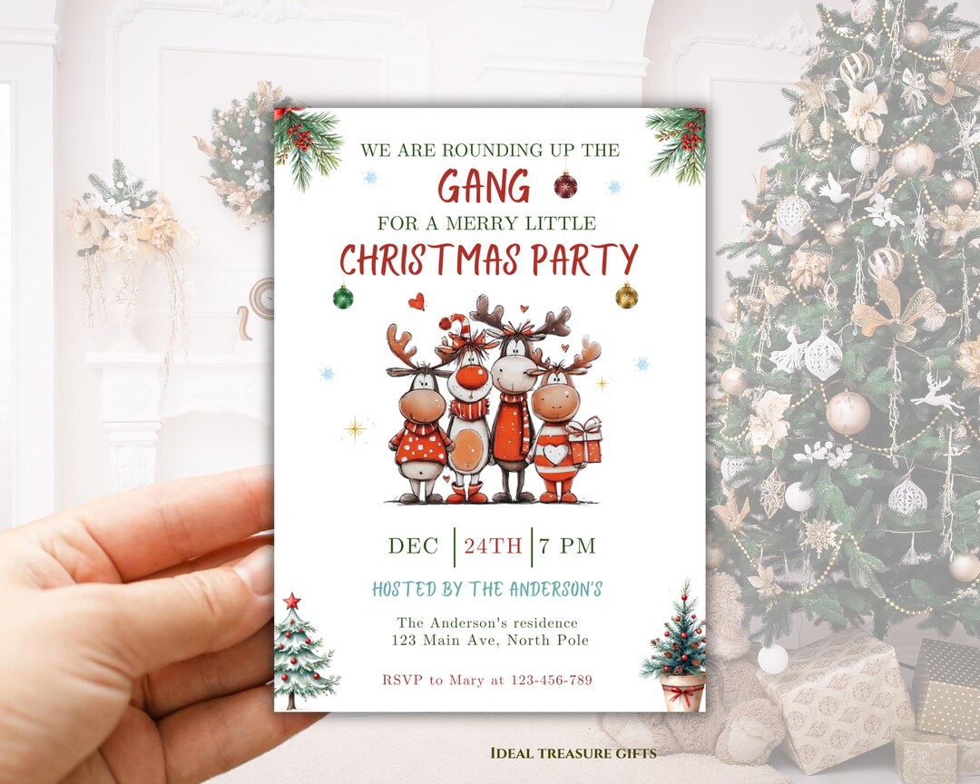 Editable Reindeer Christmas Party Invitation, We're Rounding up the ...