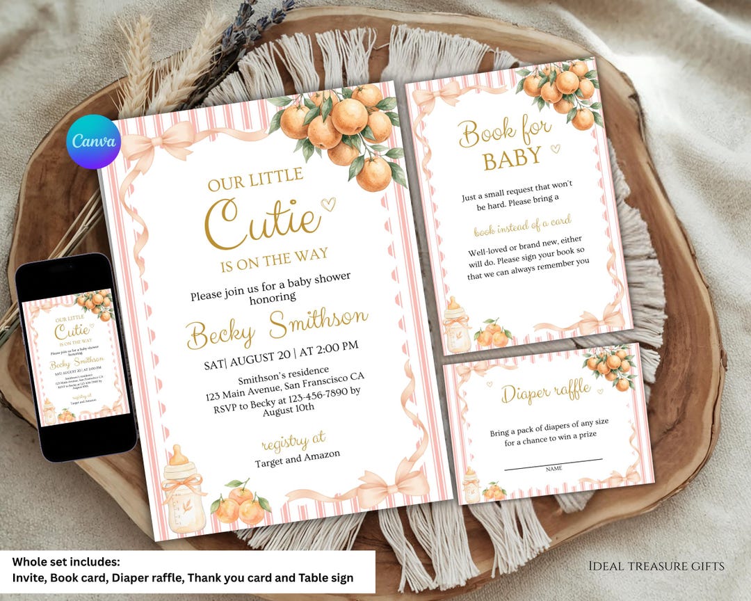 Cutie Baby Shower Invitation Set | Fall Baby Shower Bundle | Orange ...