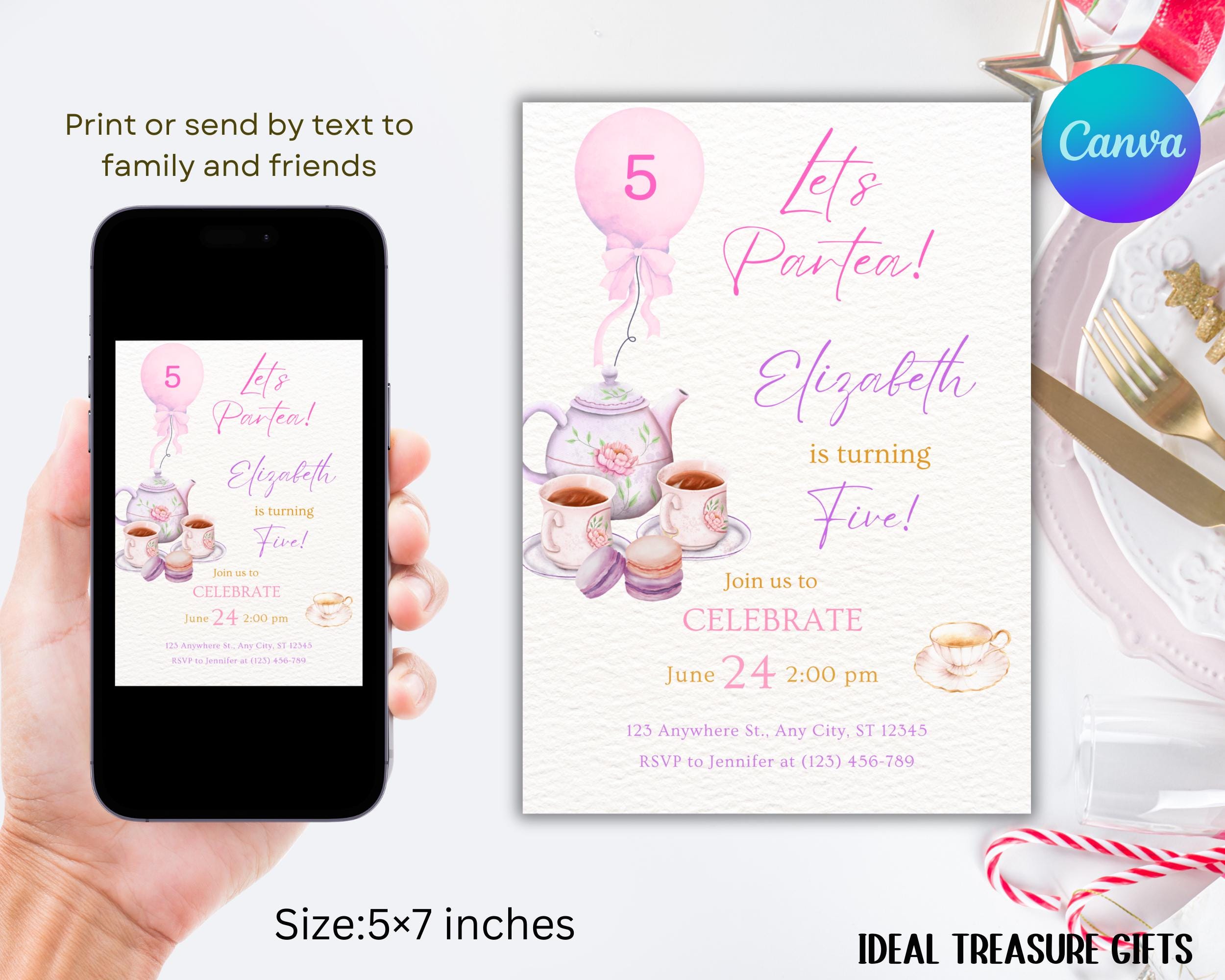 Tea Party Birthday Invitation Girl, Teacups, Let's Partea!, Birthday ...