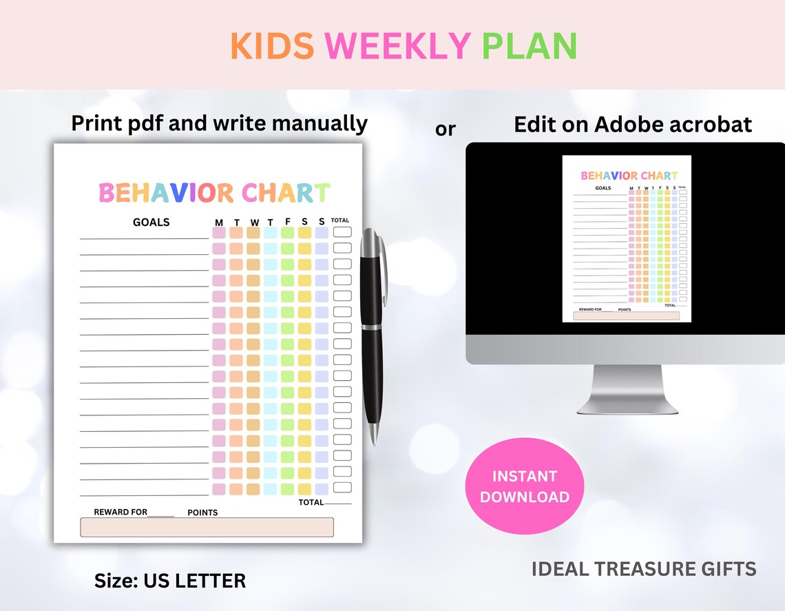 Printable Kids Behavior Chart: Weekly Responsibility Checklist (US ...