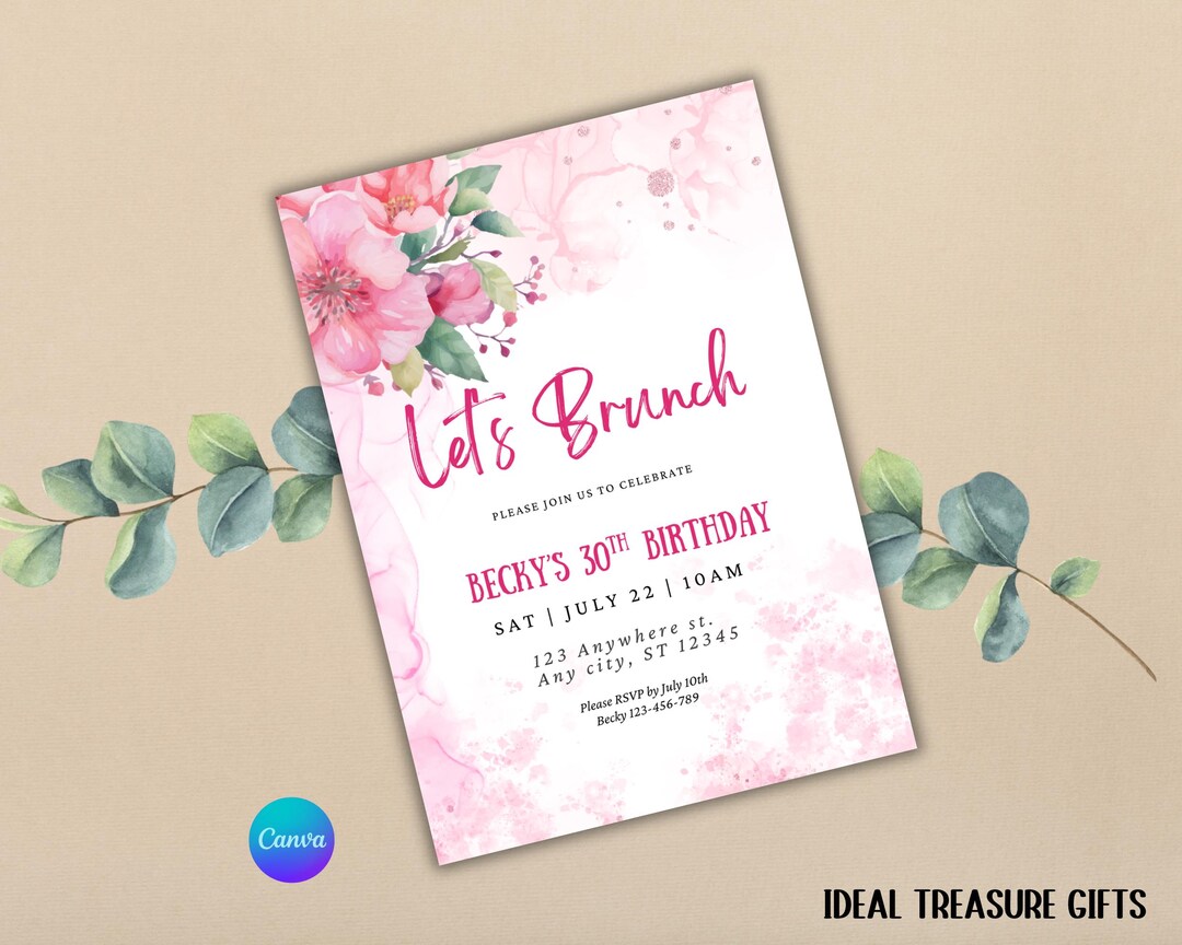 Editable Let's Brunch Pink Invitation, Birthday Dinner Invitation ...