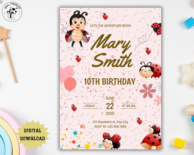 Editable Ladybug Birthday Invitation Templates, Creative Girl Birthday ...