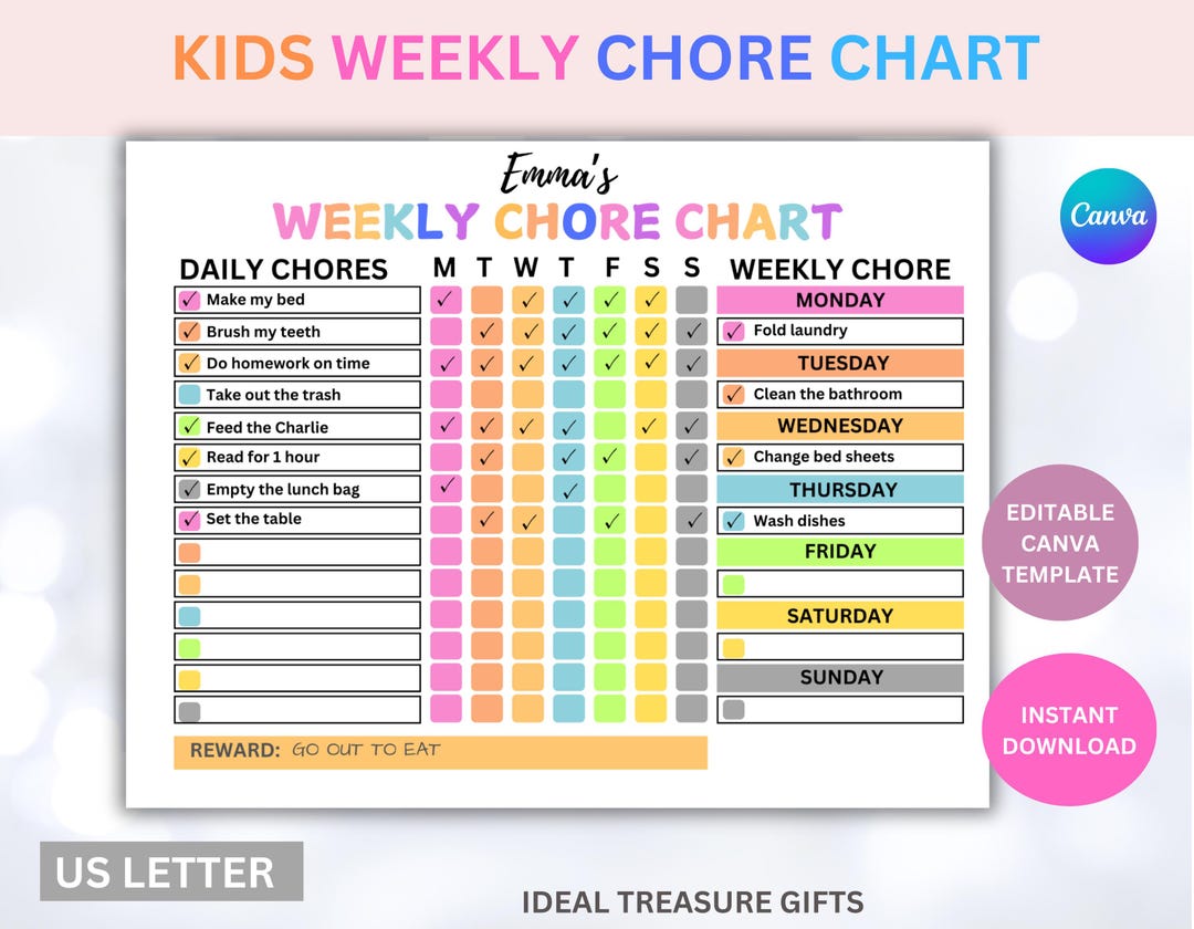 Editable Weekly Chore Chart for Kids, Kids Chore List, Kids Daily ...