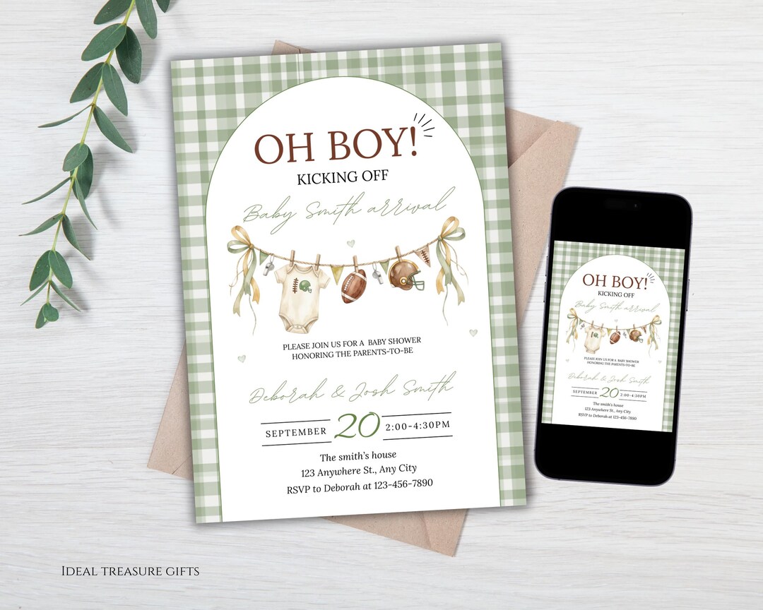 Clothesline Football Baby Shower Invitation Bundle, Oh Boy Sports Theme ...