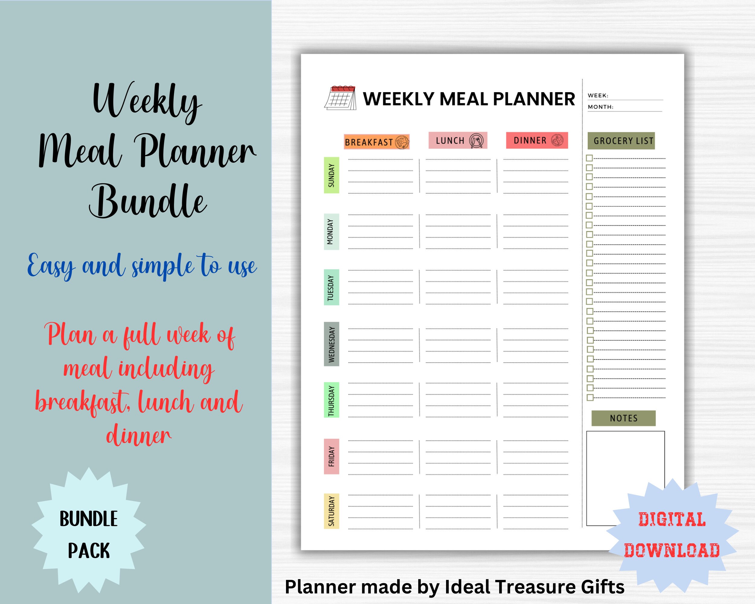 Weekly Meal Planner Printable, Food Planner, Household Planner, Grocery ...