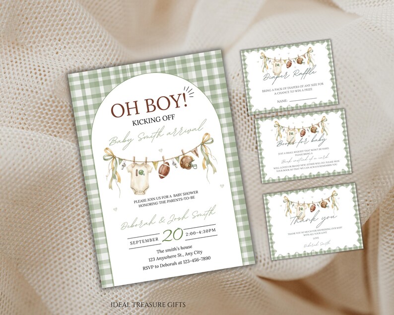 Clothesline Football Baby Shower Invitation Bundle, Oh Boy Sports Theme ...